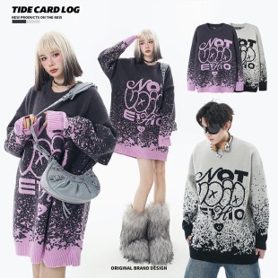 TIDE CARD LOG|高街秋冬渐变创意图案提花字母宽松针织衫潮牌毛衣-阿里巴巴