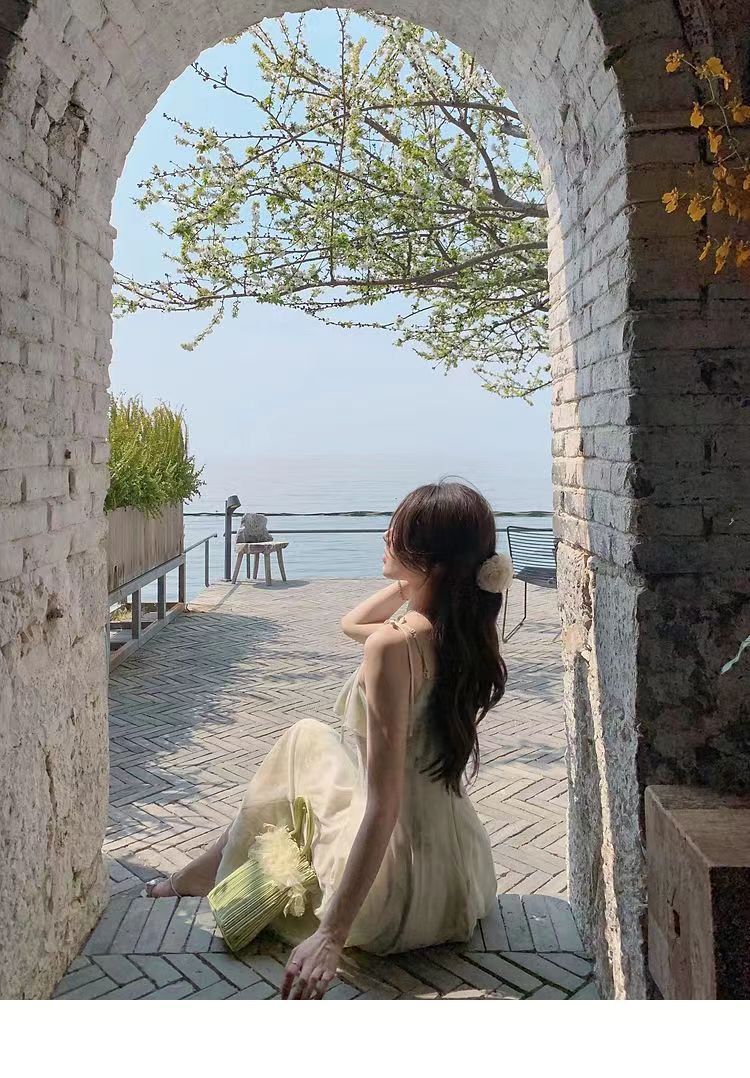 2025韩版夏季新款吊带长裙仙女荷叶边印花无袖气质连衣裙-阿里巴巴