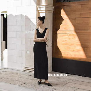 ES MODISH春季新品大牌简约V领无袖针织天丝连衣裙纯色内搭中长裙-阿里巴巴