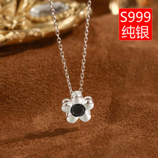 S999纯银足银黑色钻小花项链女韩国简约ins甜酷风五瓣花朵锁骨链-阿里巴巴
