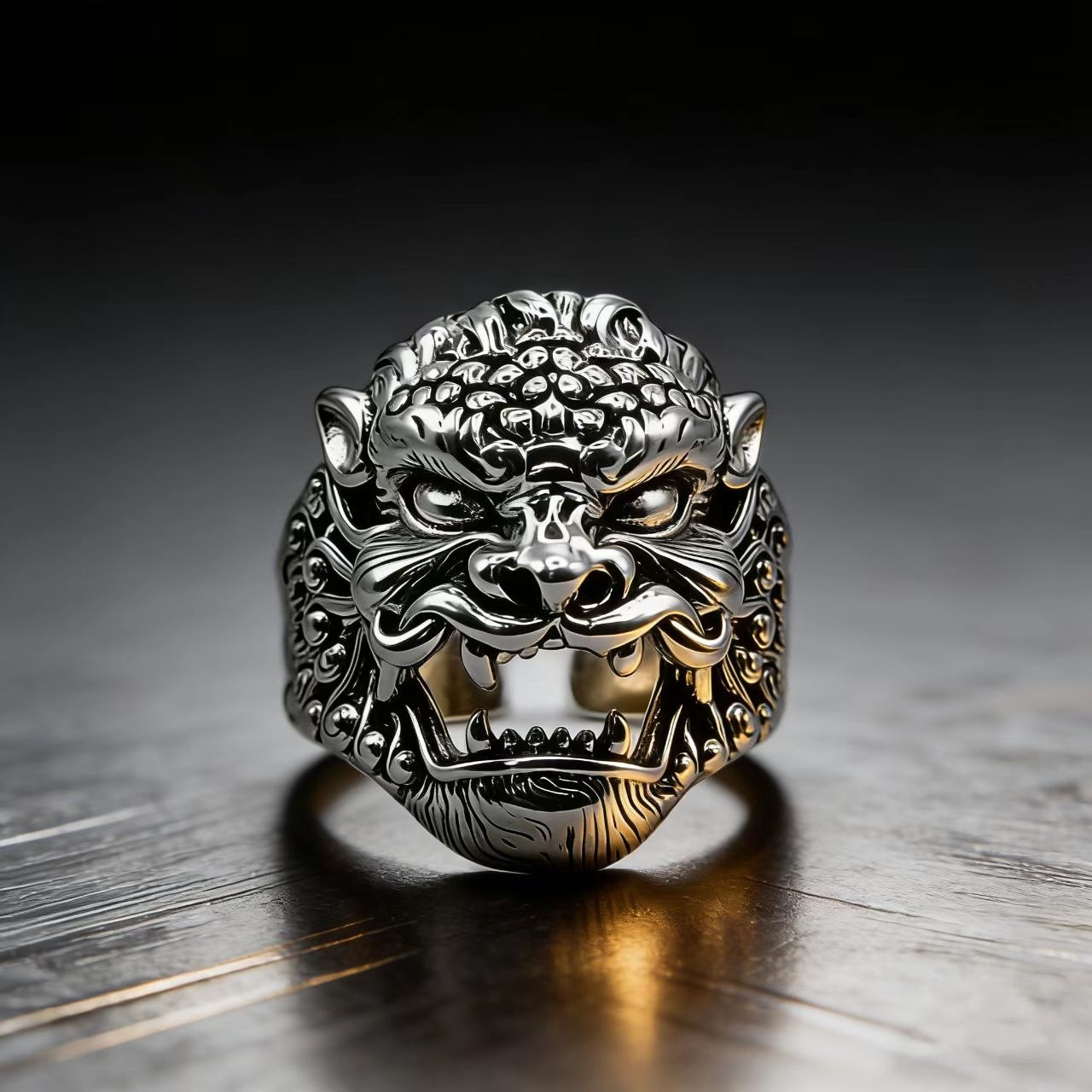 七尚原创设计民族风唐狮男款泰银食指戒指个性潮男复古开口扳指-阿里巴巴