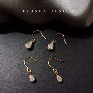 TYUSHA迷你锆石2款 14K注金包金水滴型镶钻吊坠纯银耳勾防过敏-阿里巴巴