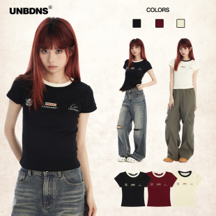 UNBDNS 美式复古短袖t恤女正肩修身设计感小众小个子短款辣妹上衣-阿里巴巴