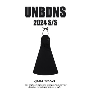 UNBDNS 美式挂脖系带慵懒风无袖背心裙女收腰显瘦垂感A字连衣长裙-阿里巴巴