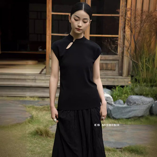 ES MODISH 春季新品新中式旗袍领气质短袖上衣国风纯色盘扣T恤女-阿里巴巴