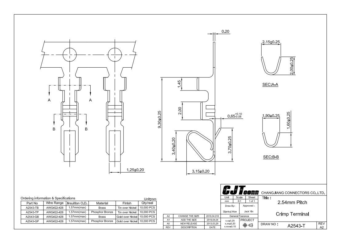 CJT正品A2543-TB端子线对板连接器 汽车电子用长江连接器 批发-阿里巴巴