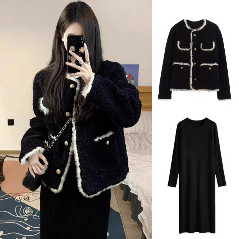 Black set, velvet jacket, woolen dress, plus size, Chanel style ...
