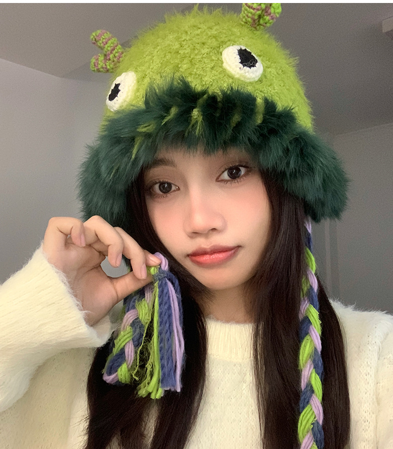 小怪兽帽子女秋冬季搞怪可爱针织毛绒帽显脸小加厚保暖护耳毛线帽-阿里巴巴