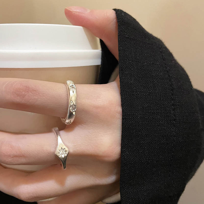 蒂奇S925纯银轻奢小众八芒星哑光拉丝戒指女时尚个性素圈开口戒-阿里巴巴