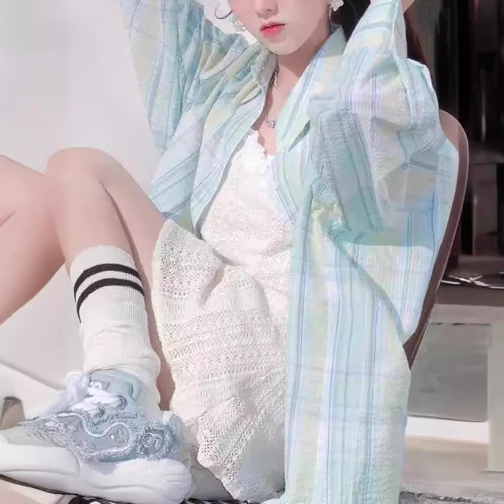 Summer Coat Korean-style Loose Sunscreen Long-sleeved Plaid Shirt Lazy ...