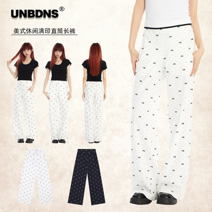UNBDNS复古蝴蝶结满印微喇叭裤显瘦长裤休闲通勤阔腿裤-阿里巴巴