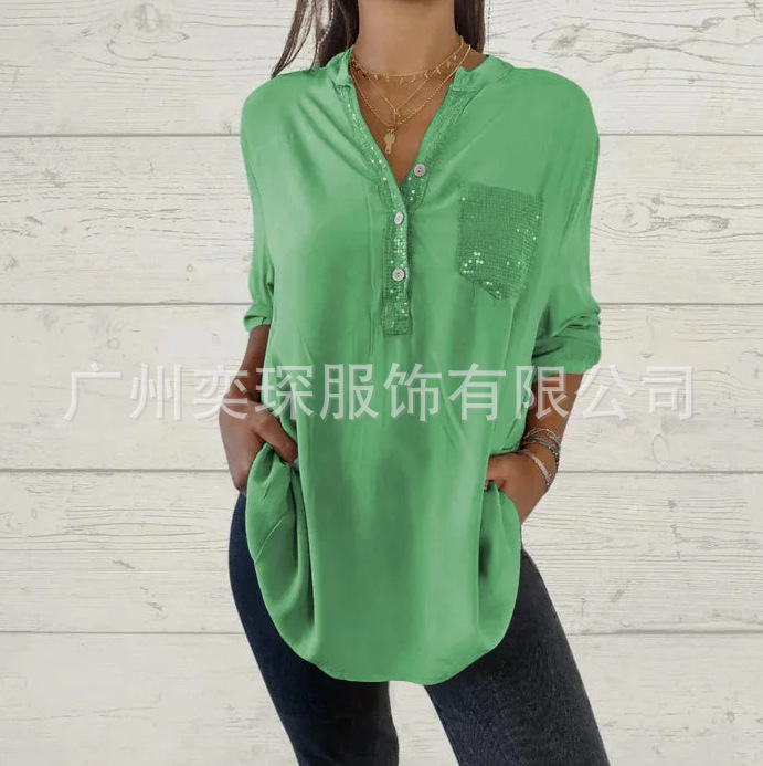 2024春夏外贸亚马逊速卖通ebay欧美女式宽松休闲烫砖袖衬衫-阿里巴巴