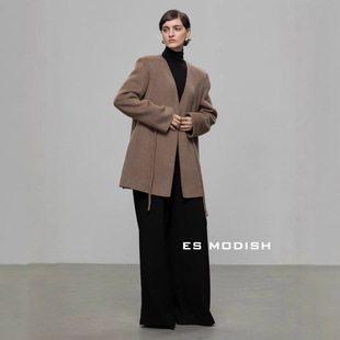 ES MODISH 冬季新品小众设计深V领西装羊毛外套宽松百搭澳毛大衣-阿里巴巴