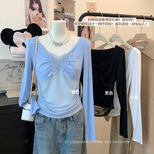 Fuguen HuKim 辣妹新款镂空蝴蝶网纱拼接修身T恤针织上衣-阿里巴巴