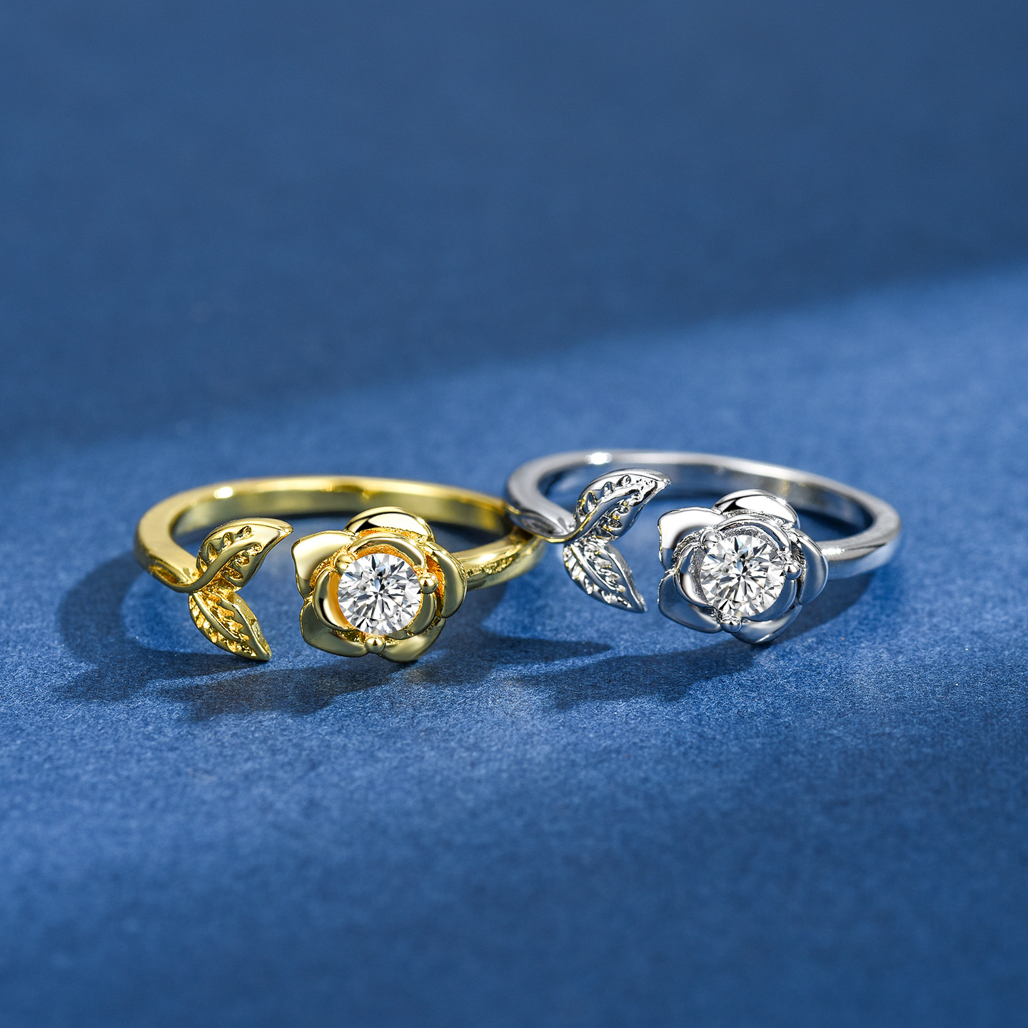 欧美跨境批发树叶玫瑰花戒指女镶石开口戒可调节大小爆款花朵指环-阿里巴巴