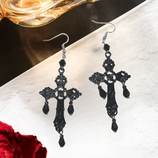 跨境暗黑个性哥特风时尚创意镂空十字架流苏合金耳环女饰品批发-阿里巴巴