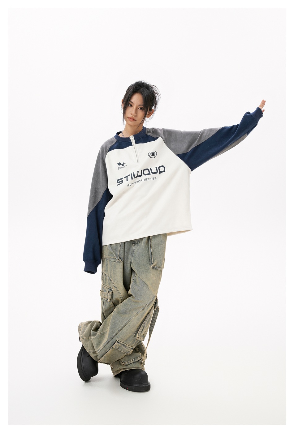 STIWAUP复古运动校园风套头宽松圆领卫衣男女麂皮绒拼色外套W639-阿里巴巴