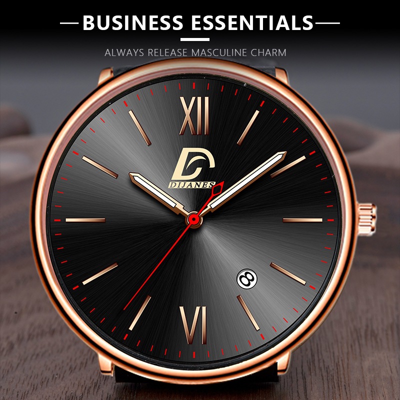 新款夜光男士时尚石英表男款皮革日历表DIJANES腕表现货批发-阿里巴巴