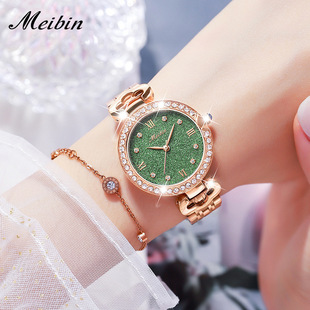美宾meibin钢带手表跨境抖音复古孔雀绿色满天星镶钻时尚女表-阿里巴巴