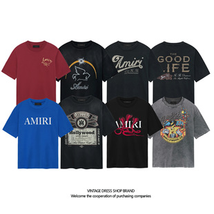 一件代发跨境货源潮牌短袖AMIRIT恤印花水洗做旧重磅纯棉打底衫男-阿里巴巴