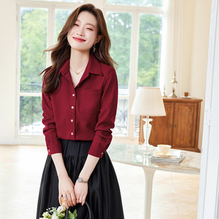 酒红色灯芯绒衬衫女秋冬2023新款百搭洋气内搭上衣叠穿磨毛衬衣女-阿里巴巴