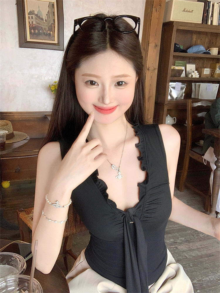 1*1随心裁荷叶边V领系带无袖上衣女夏纯欲辣妹修身显瘦设计感小衫-阿里巴巴
