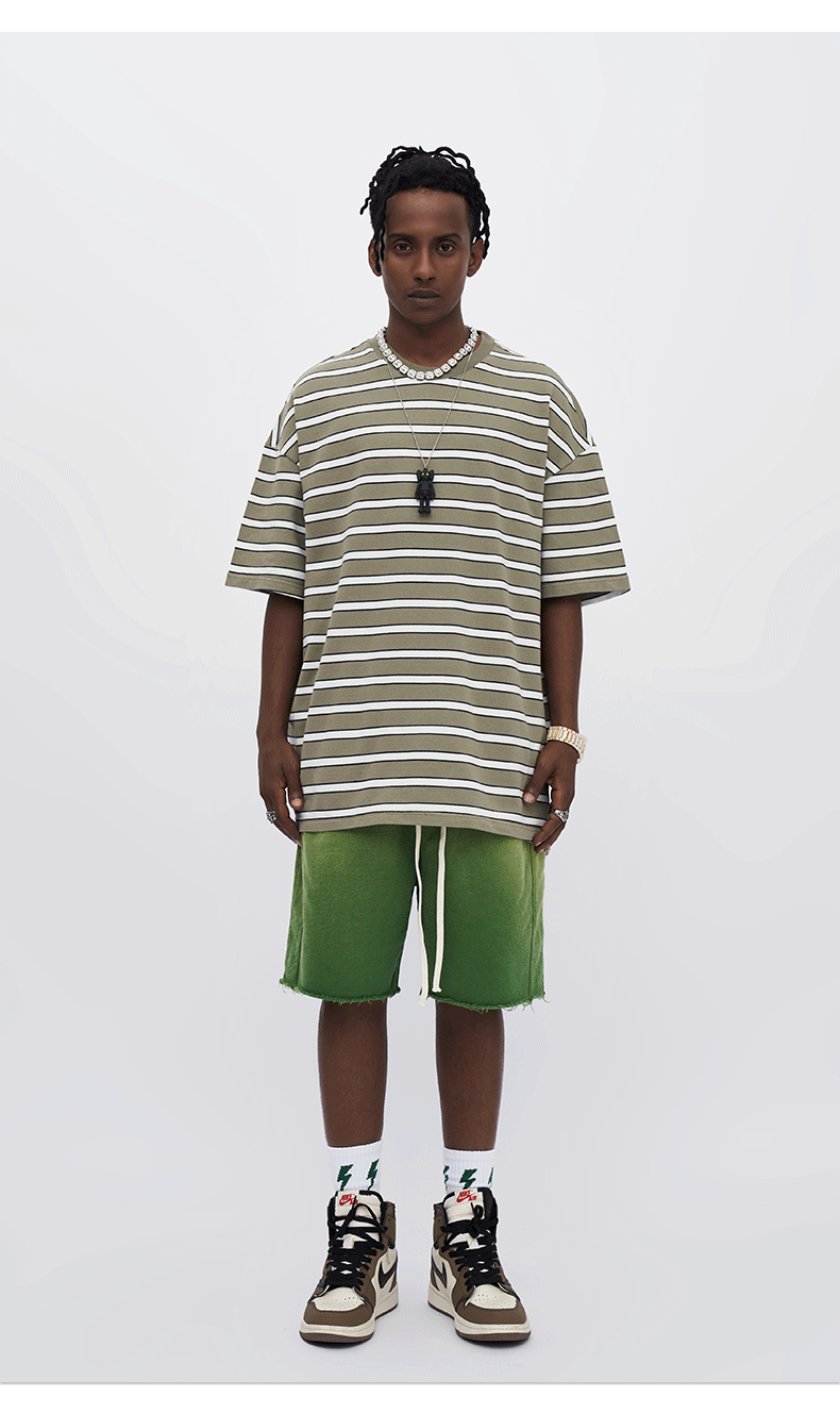 RFSD男装|重磅260G复古洗水条纹圆领短袖美式街头宽松潮牌T恤男-阿里巴巴