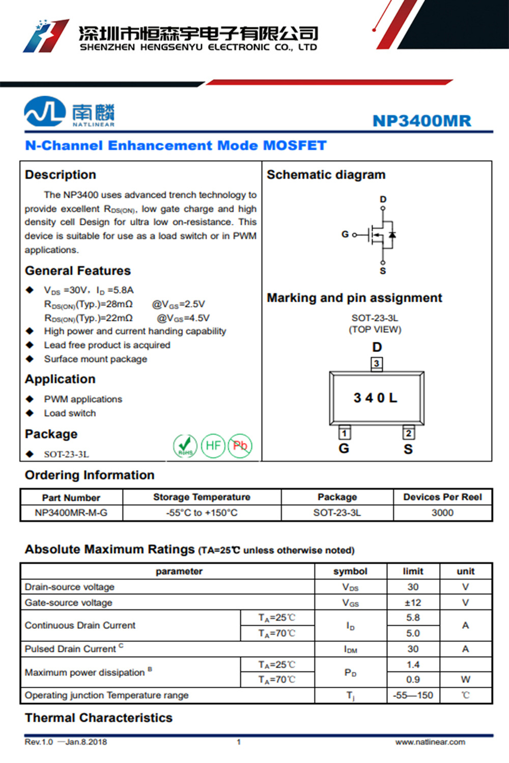 南麟NP3400MR 丝印340L 封装SOT-23-3 30V 耐压5.8A电流 N沟道MOS-阿里巴巴