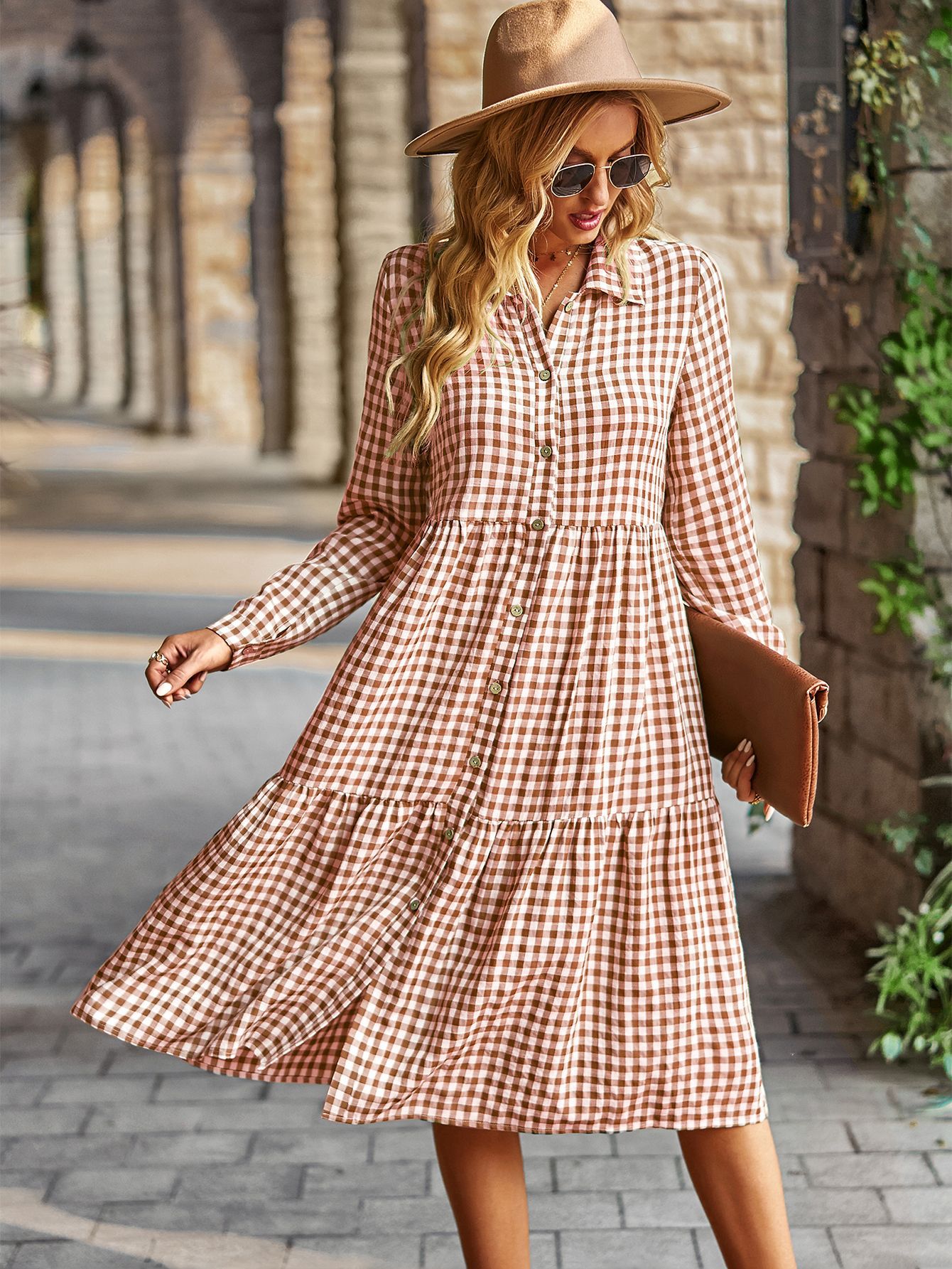 Women's Plaid Print Long Sleeve Casual Dress