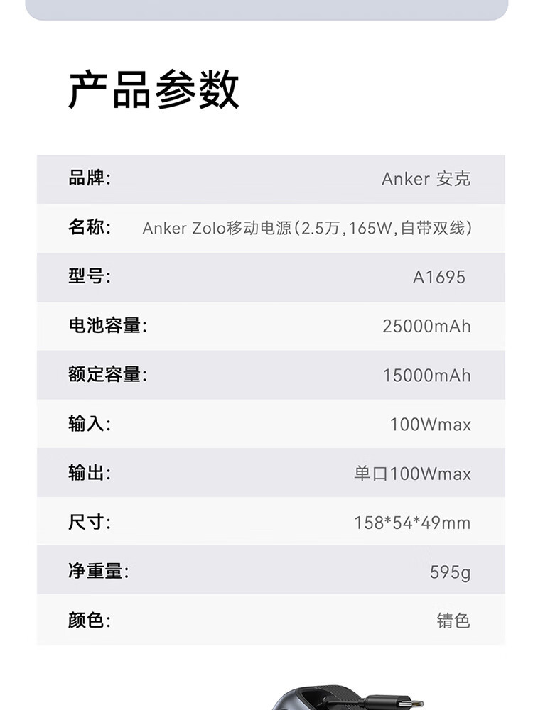 ANKER Zolo安克165W自带双线充电宝快充25000毫安移动电源A1695-阿里巴巴