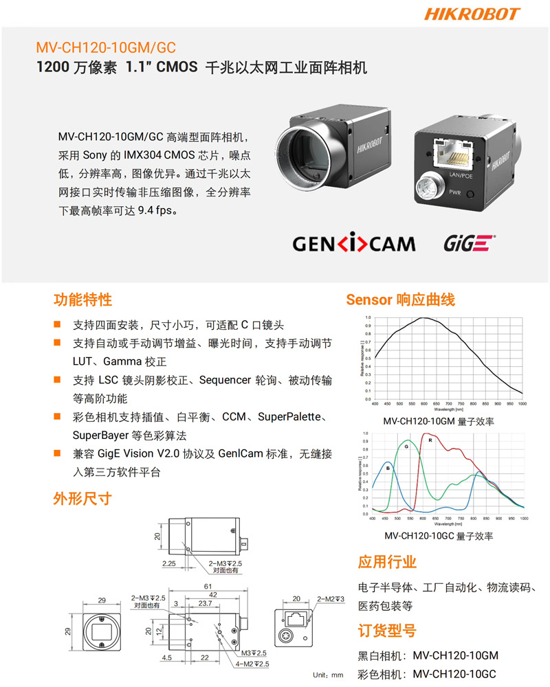 MV-CH120-10GM/GC 海康威视1.1英寸1200万像素网口工业相机-阿里巴巴