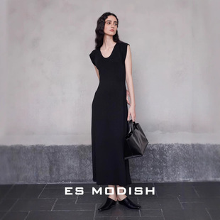 ES MODISH春季新品大牌感内搭U领无袖纯色连衣裙法式天丝收腰长裙-阿里巴巴