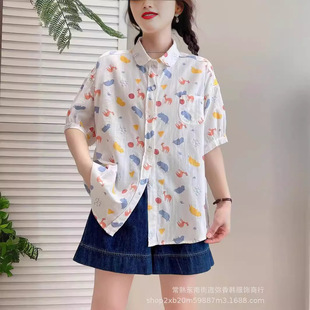 可爱卡通印花POLO领短袖衬衫女装夏季复古宽松百搭半袖衬衣上衣潮-阿里巴巴