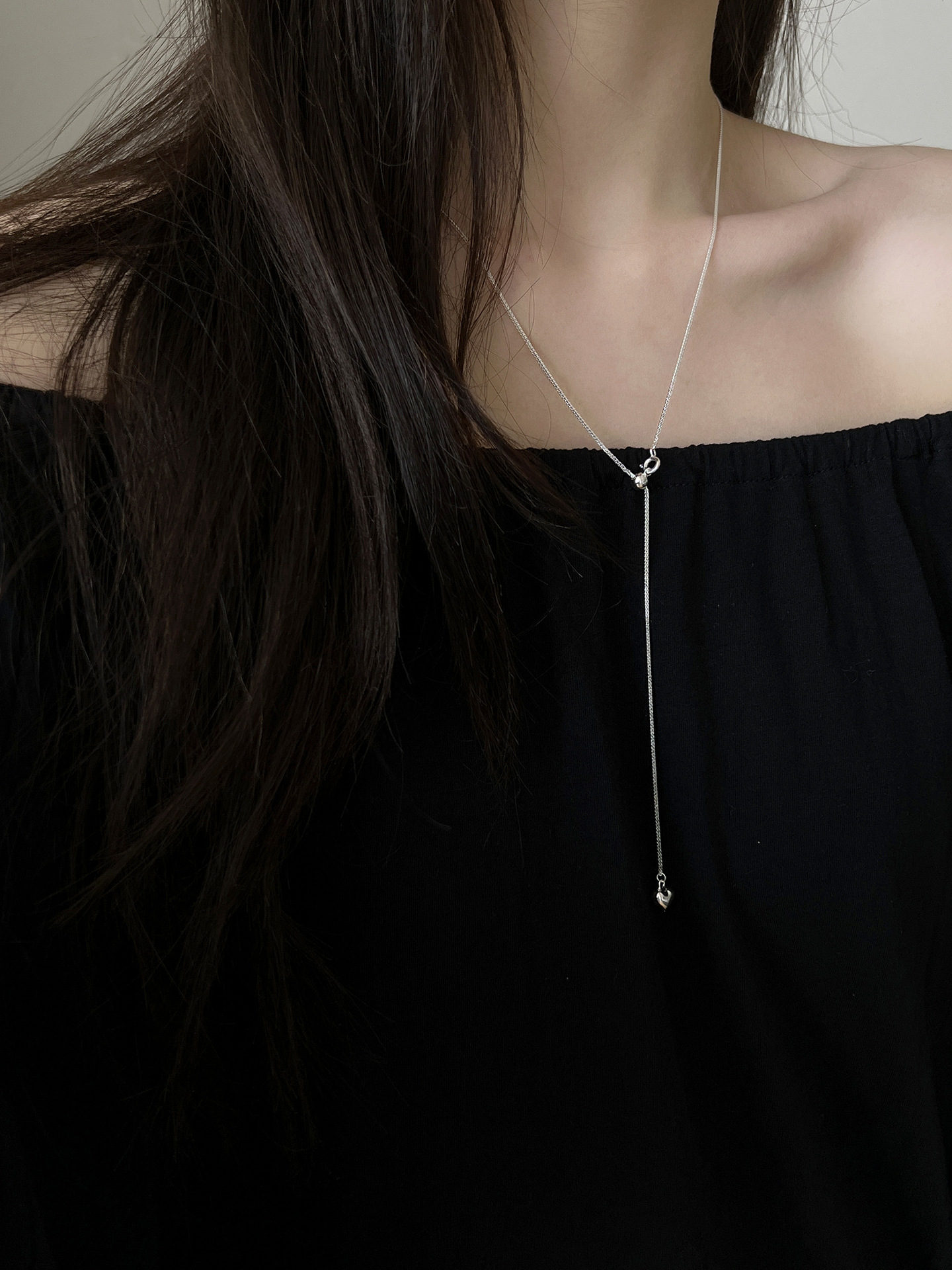 S925纯银爱心项链女小众设计感抽拉式超细锁骨链可调节项链银抛光-阿里巴巴