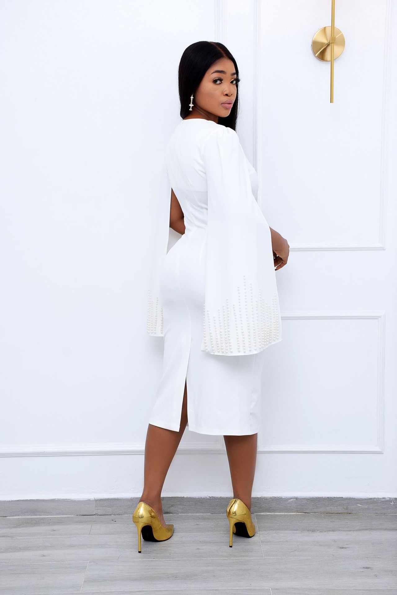 L0367速卖通 亚马逊欧美外贸女装冬季钉珠斗篷扭结收腰纯色连衣裙-阿里巴巴