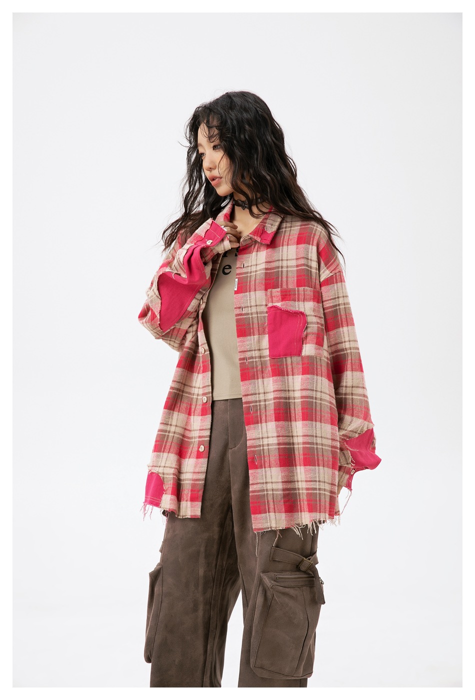 STIWAUP小众潮牌格子衬衫复古破坏拼接长袖衬衣男女情侣开衫C464-阿里巴巴