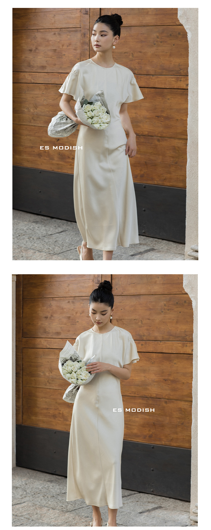 ES MODISH 春季新品韩系高级感纯色收腰连衣裙女生内搭短袖中长裙-阿里巴巴