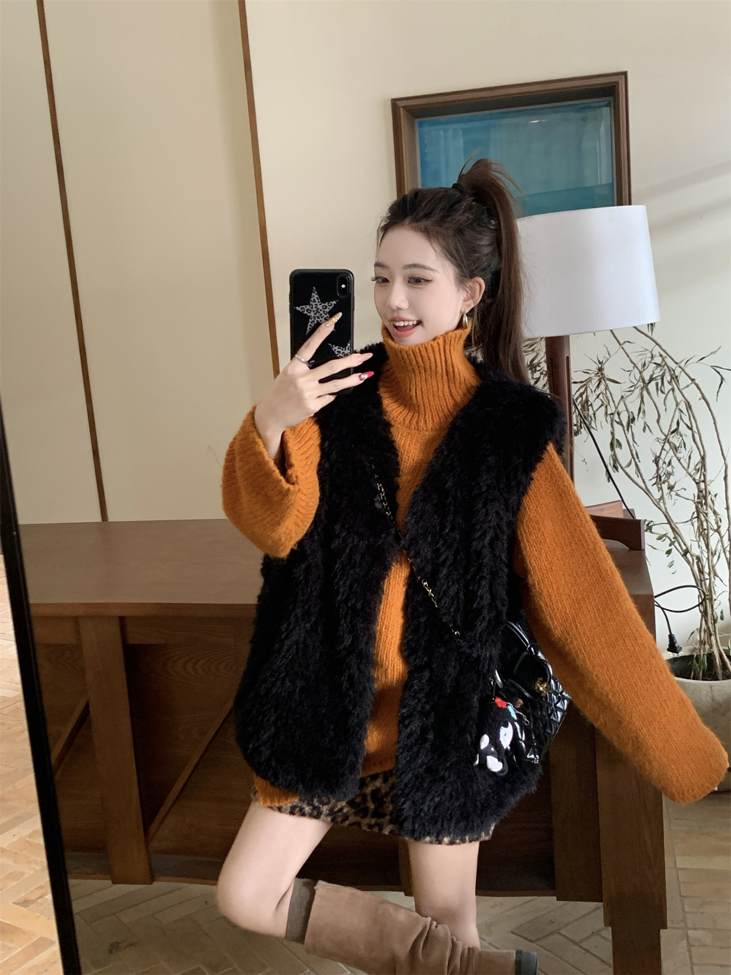 实拍 韩系慵懒风松弛感毛毛马甲+豹纹半裙+不规则高领毛衣套装女-阿里巴巴