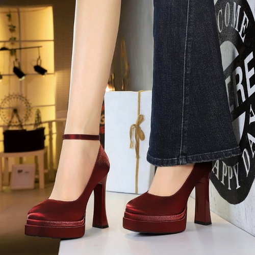 8321 Wind Round Head Silk Strap High Heels Shallow Mouth Waterproof ...