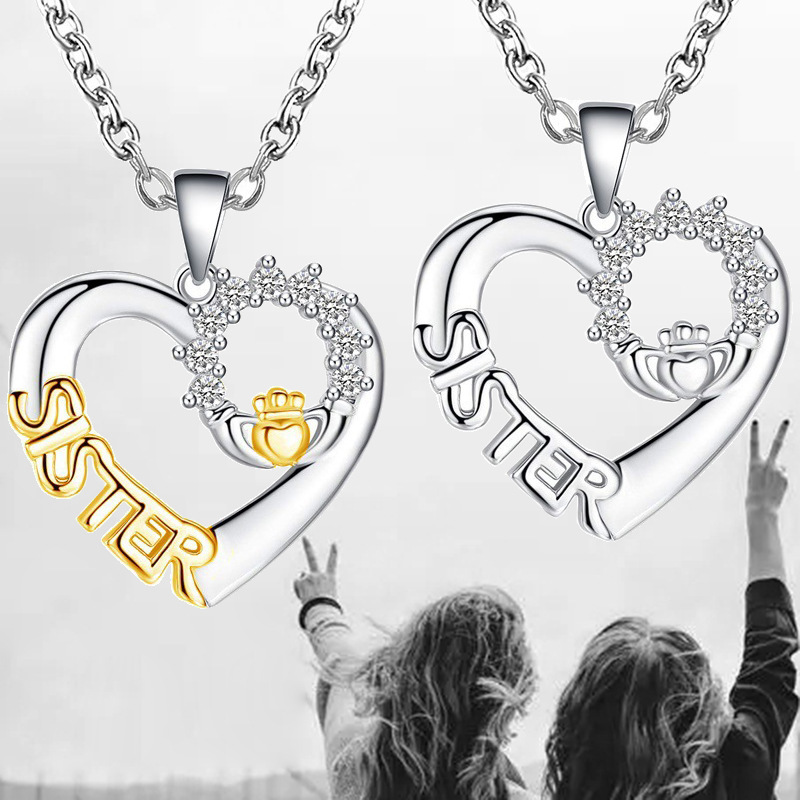 批发跨境新款个性百搭姐妹项链创意爱心SISTER微镶锆石心形锁骨链-阿里巴巴