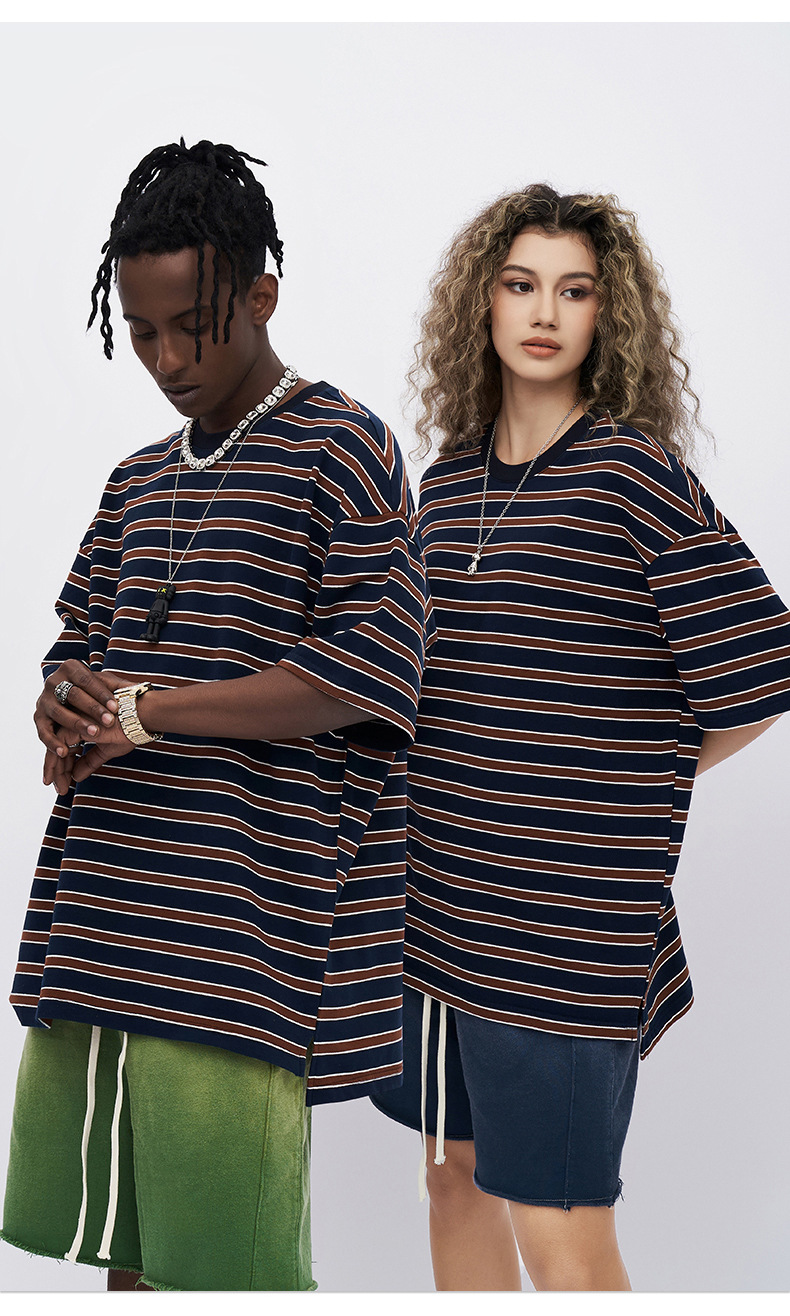 RFSD男装|重磅260G复古洗水条纹圆领短袖美式街头宽松潮牌T恤男-阿里巴巴