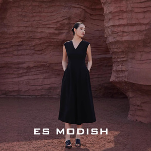 ES MODISH 春季新品法式V领高级气质连衣裙收腰立挺版型中长裙女-阿里巴巴
