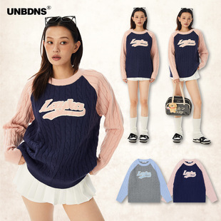 UNBDNS美式复古撞色插肩袖圆领毛衣女秋冬慵懒风针织字母刺绣上衣-阿里巴巴