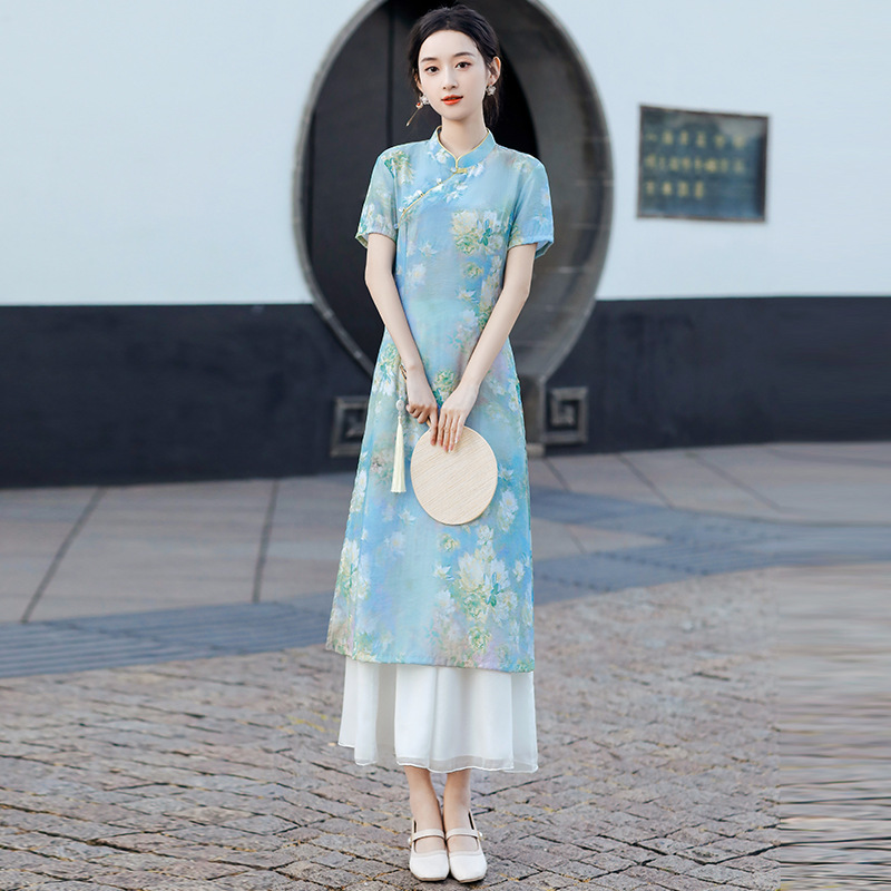 Women blue purple floral Chinese dress Oriental Retro Qipao Cheongsam ...
