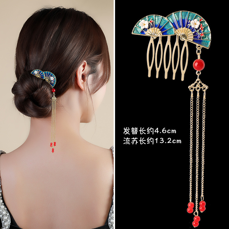 Green Delicate fan clip hanfu fairy princess hair comb female head ...