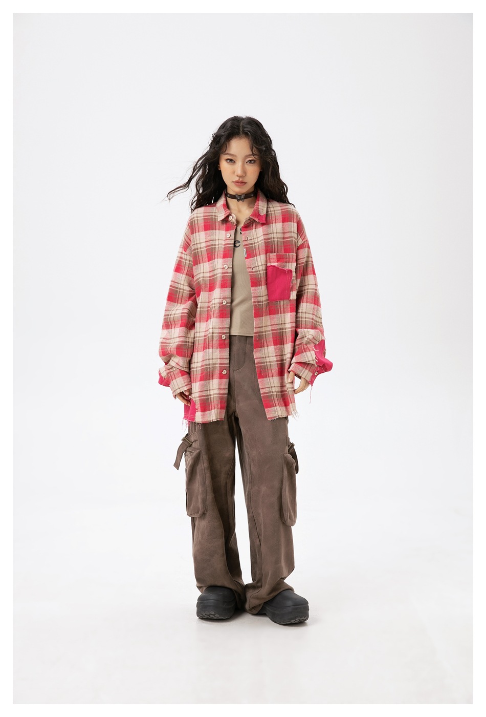 STIWAUP小众潮牌格子衬衫复古破坏拼接长袖衬衣男女情侣开衫C464-阿里巴巴