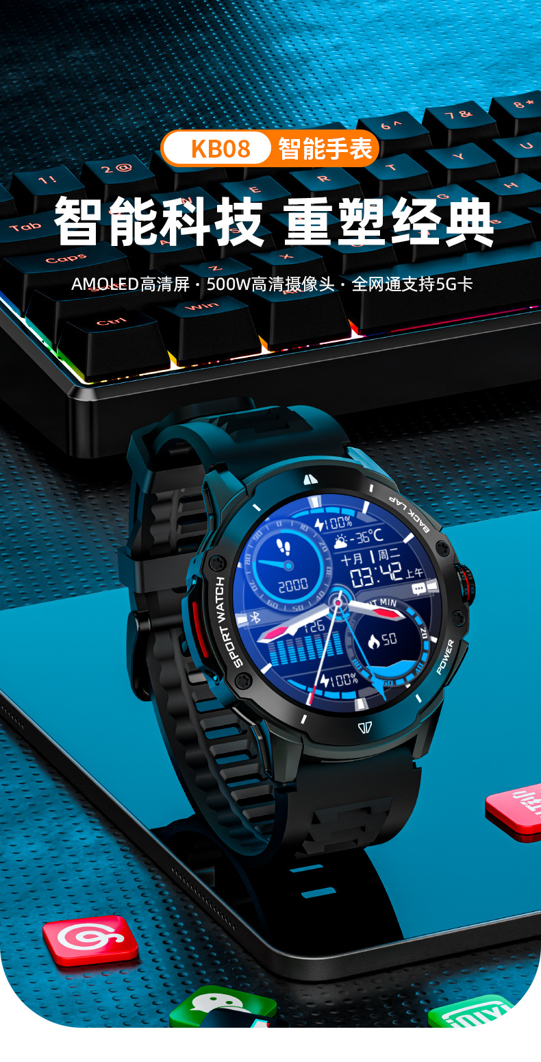 KB08安卓系统插卡拨打电话手表1.43寸大屏可下载防水智能手表-阿里巴巴