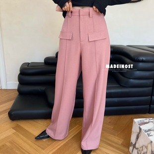 MADEINOST 秋装新款高腰复古口袋西裤女前裤线百搭直筒裤女87222-阿里巴巴