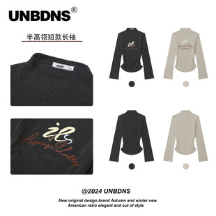 UNBDNS设计感长袖T恤女修身褶皱短款上衣半高领薄款外穿打底衫ins-阿里巴巴