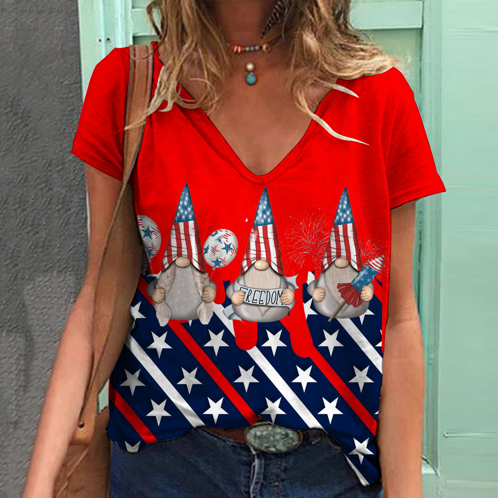 2024跨境新款亚马逊夏季美国独立日3d印花女装短袖V领T恤-阿里巴巴